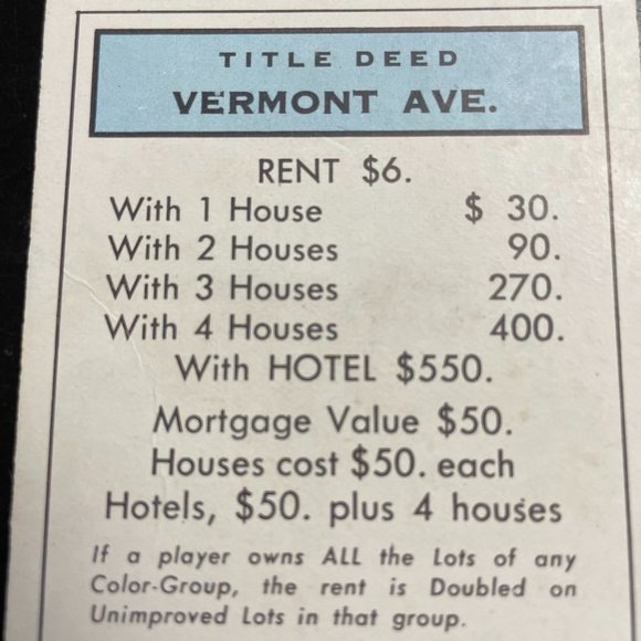 Parker Brothers | Toys | Monopoly Classic Vermont Ave Property Title ...